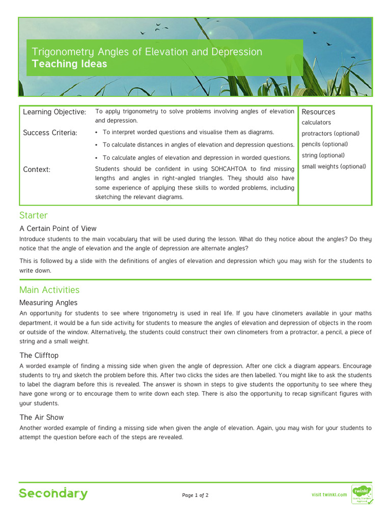 Angles of Elevation and Depression Teaching Ideas | PDF | Trigonometry | Learning