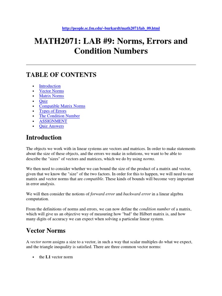Norms, Errors and Condition Numbers + Exercises | PDF | Norm (Mathematics) | Vector Space