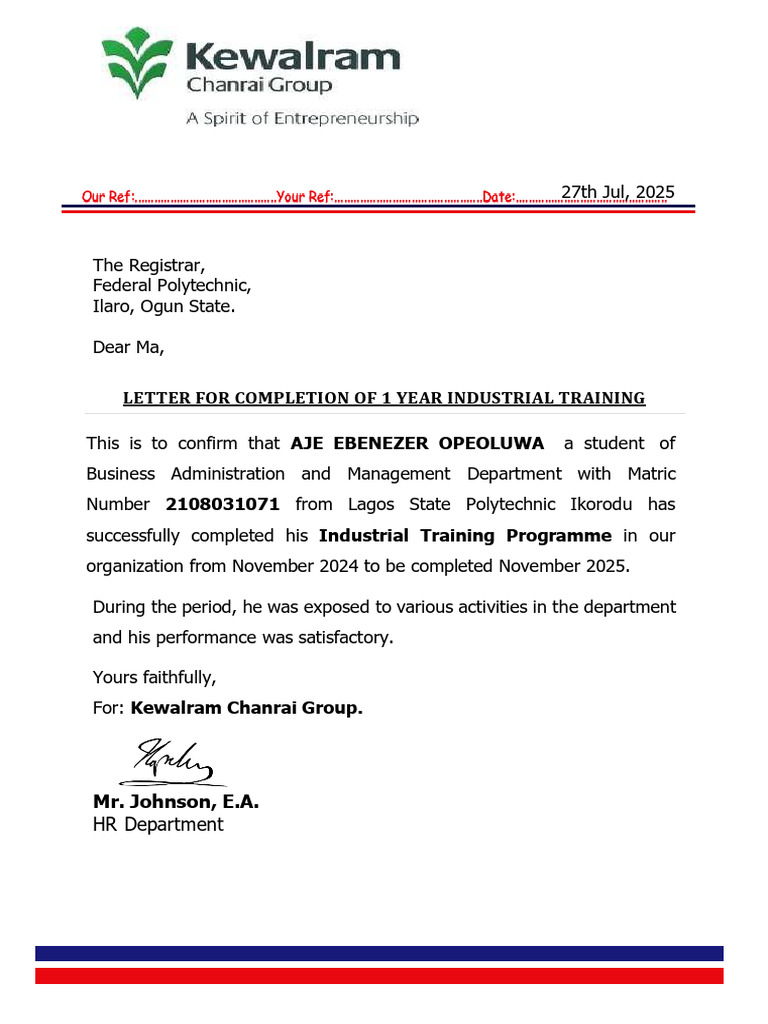 Industrial Training Completion Letter | PDF