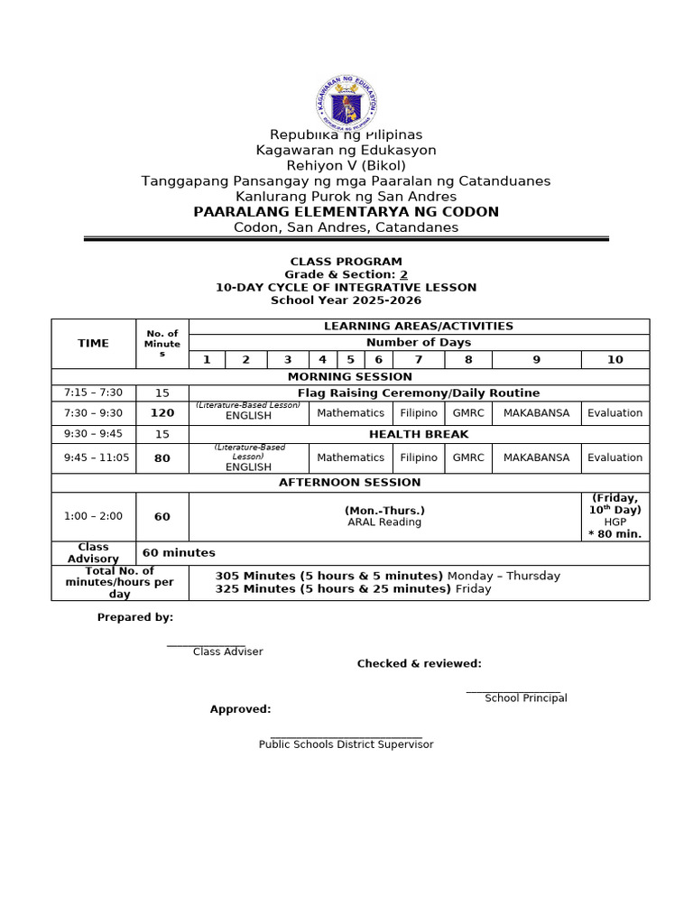Class Program S.Y. 2025 2026 Grade 2 | PDF