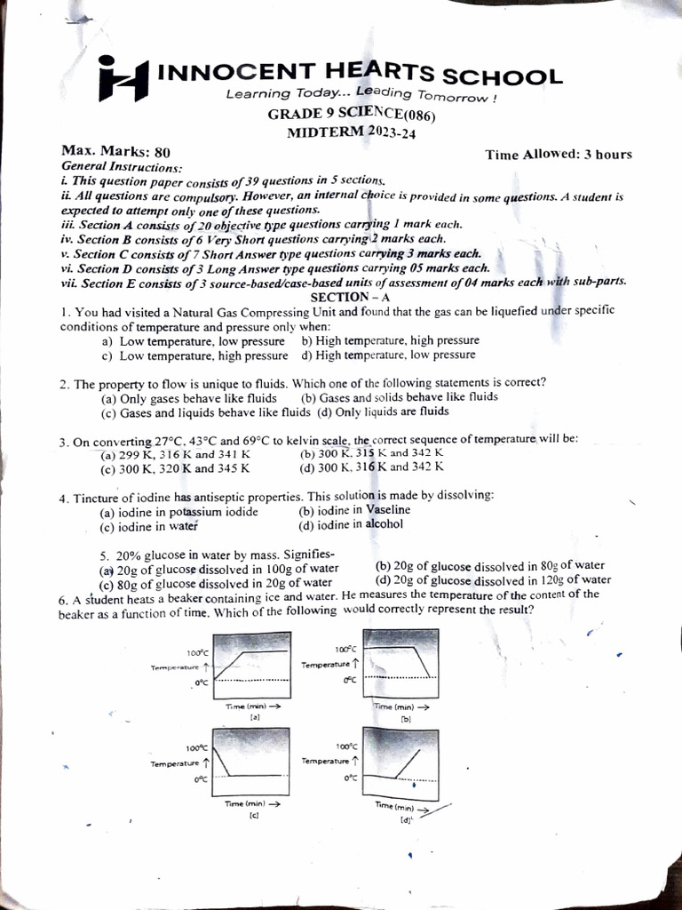 Grade 9 Science Midterm Exam 2023-24 | PDF | Gases | Water