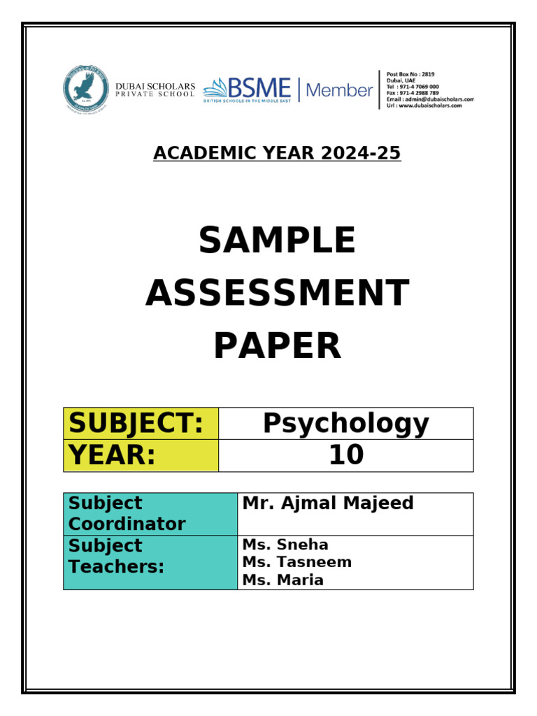 SAMPLE Assessment Paper Psychology 2024-25 | PDF | Cognition | Mental Processes