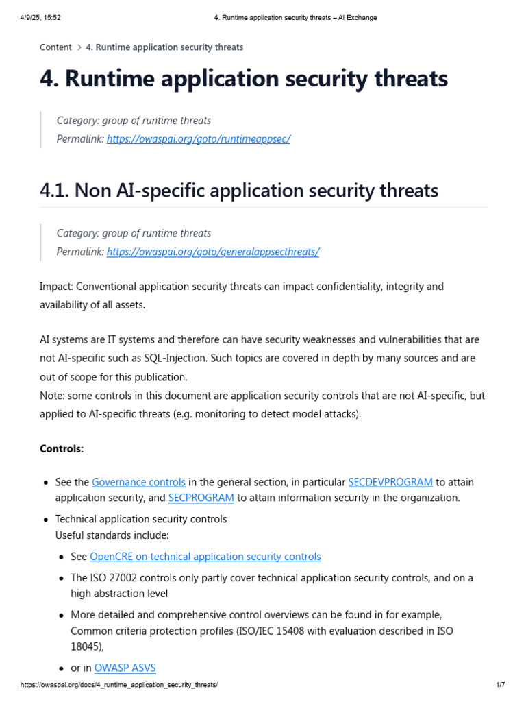 OWASP 4. Runtime Application Security Threats - AI Exchange | PDF ...