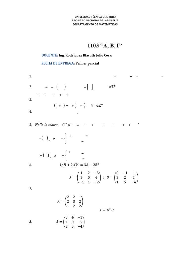 Práctica Mat-1103 | PDF | Matriz (Matemáticas) | Relaciones matematicas