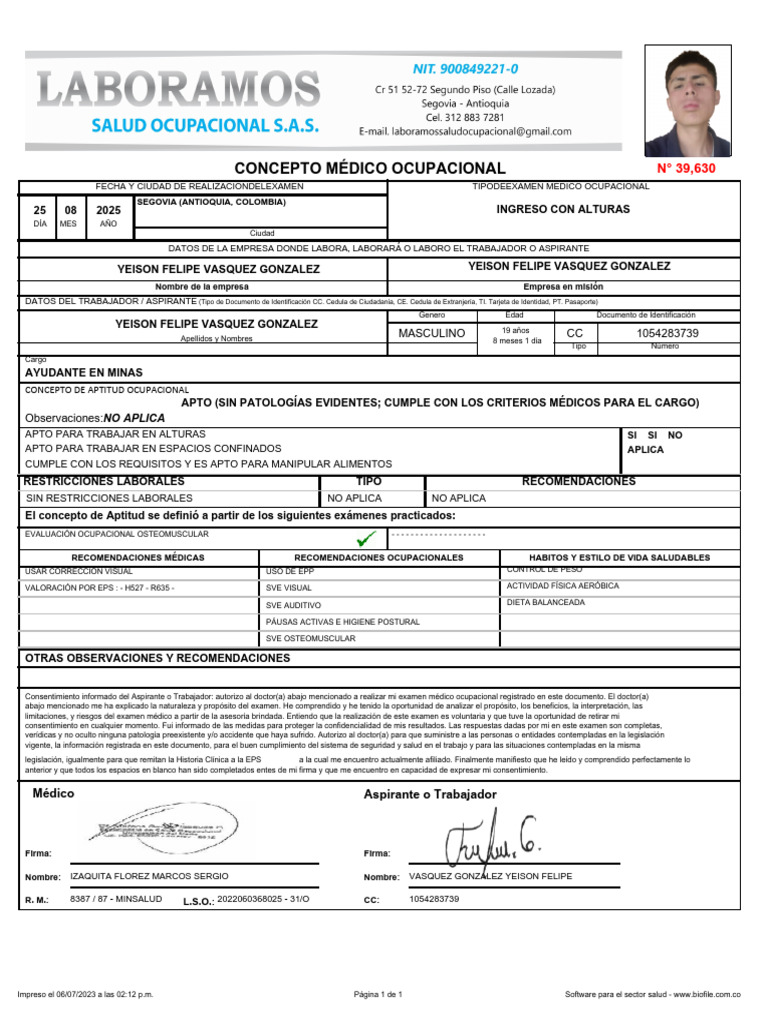 Examen Ocupacional Yeison | PDF