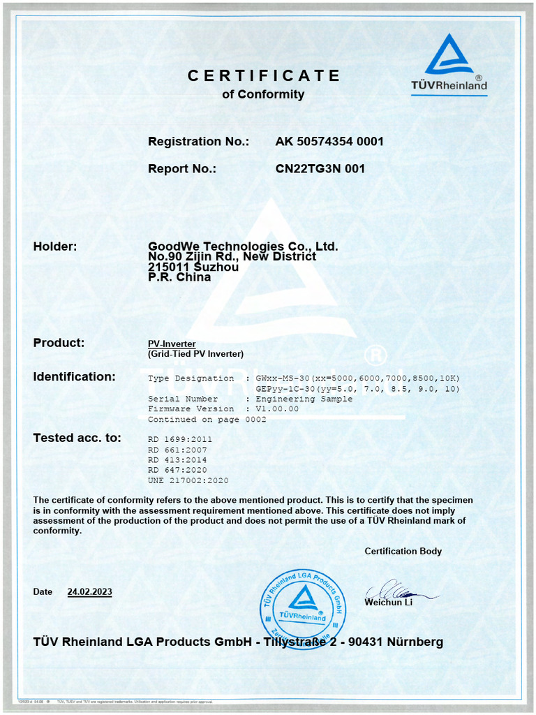 GW Ms g3 Certificate-Rd Une217002 | PDF | Mains Electricity ...
