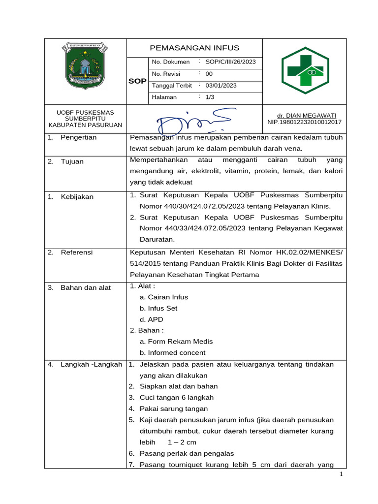 SOP Pemasangan Infus | PDF