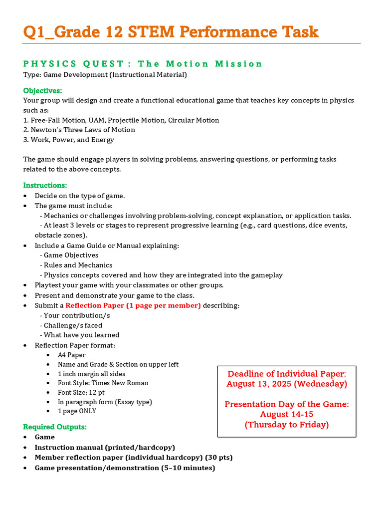 Grade 12 Physics Game Development Task | PDF | Physics | Creativity