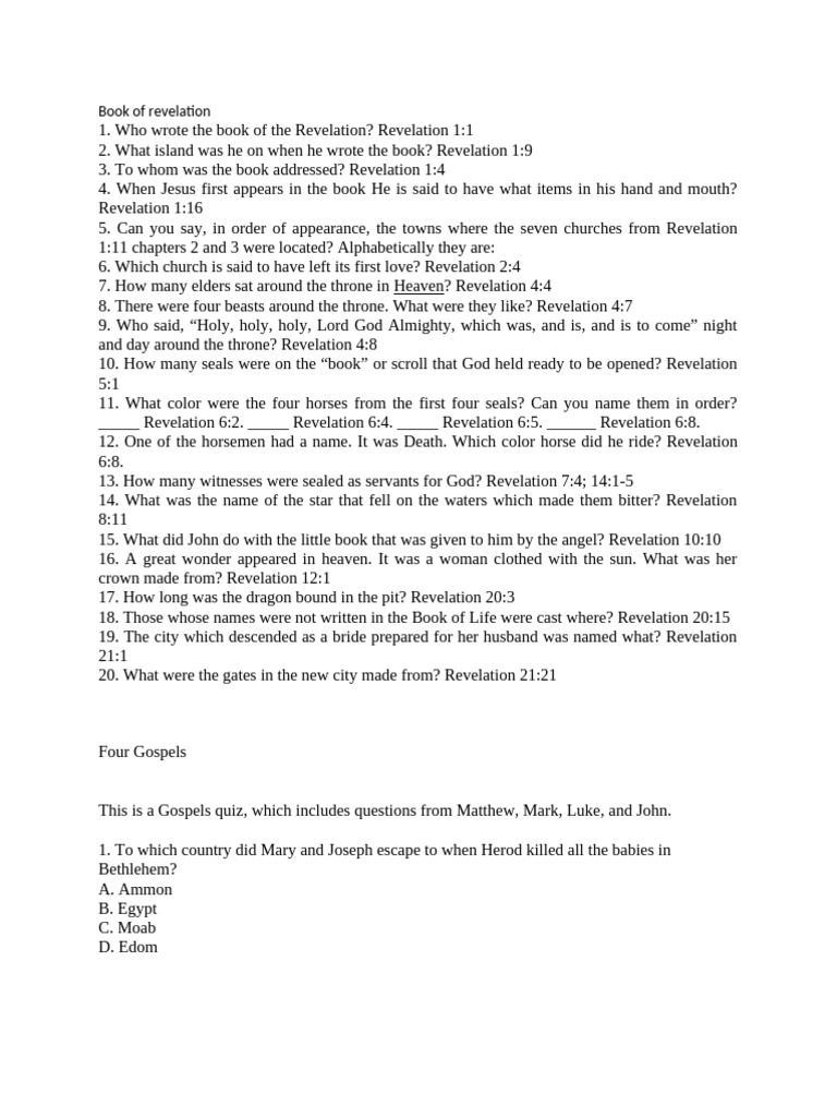 Revelation and Gospels Quiz Questions | PDF | Jesus | Gospel Of Matthew