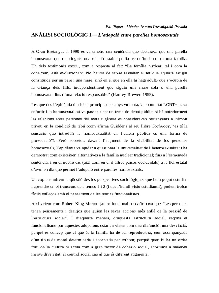 Sociologia - Adopció Entre Parelles Homosexuals | PDF
