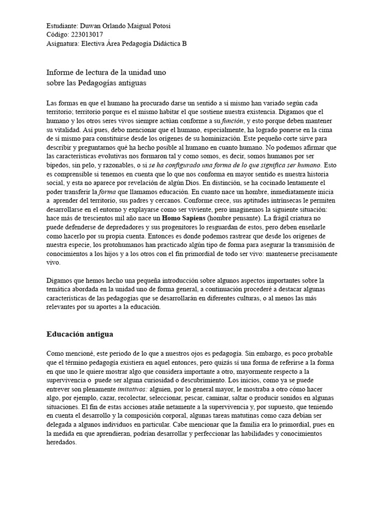 Informe de Lectura de La Unidad Uno | PDF | Humano | Antiguo Egipto