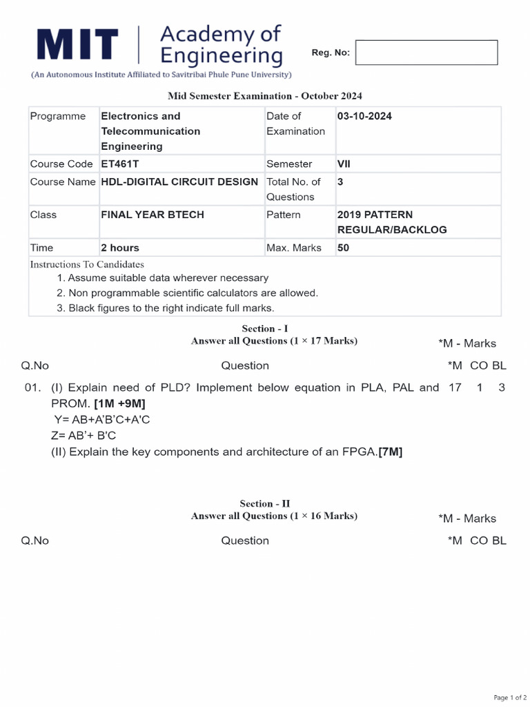 Btech - ET - HDL Digital Circuit Design - SEM-VII - OCT 2024 | PDF