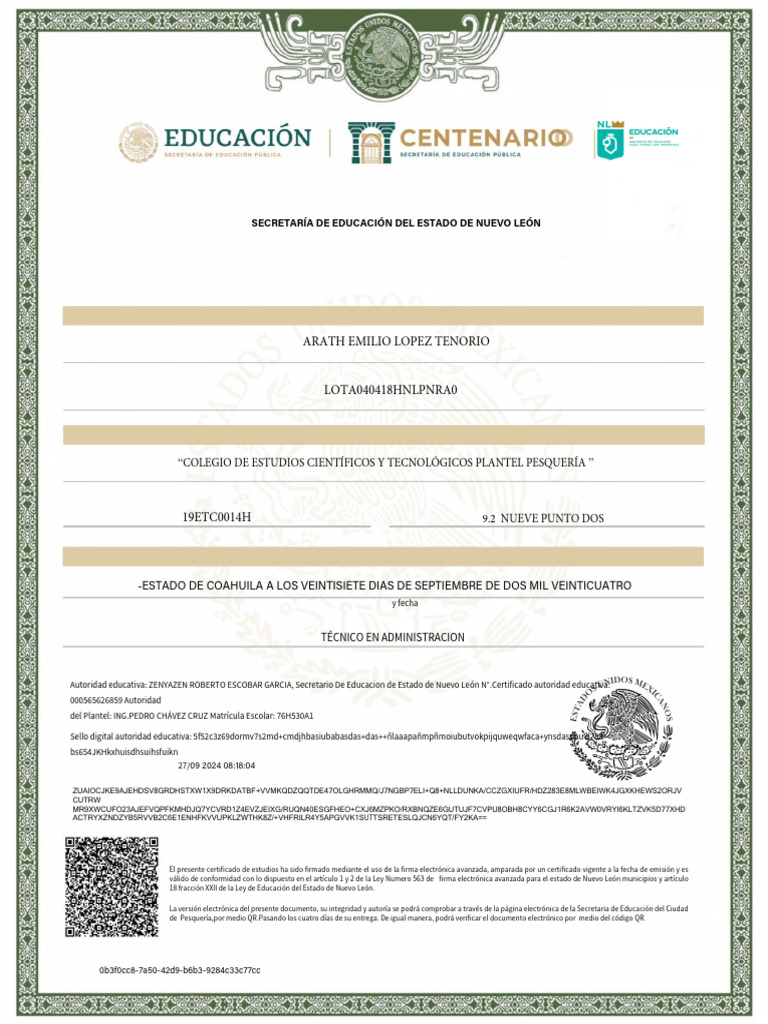 ARATH EMILIO LOPEZ TENORIO-Certificado Preparatoria Digital | PDF