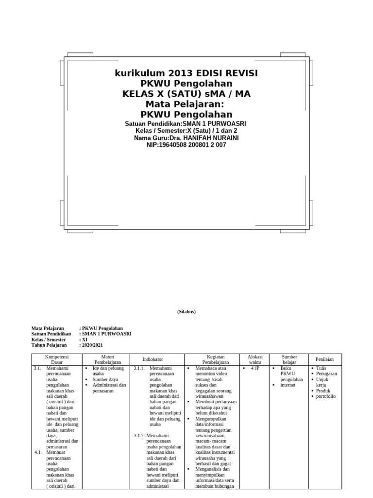 Silabus PKWU Pengolahan Kelas X SMA | PDF