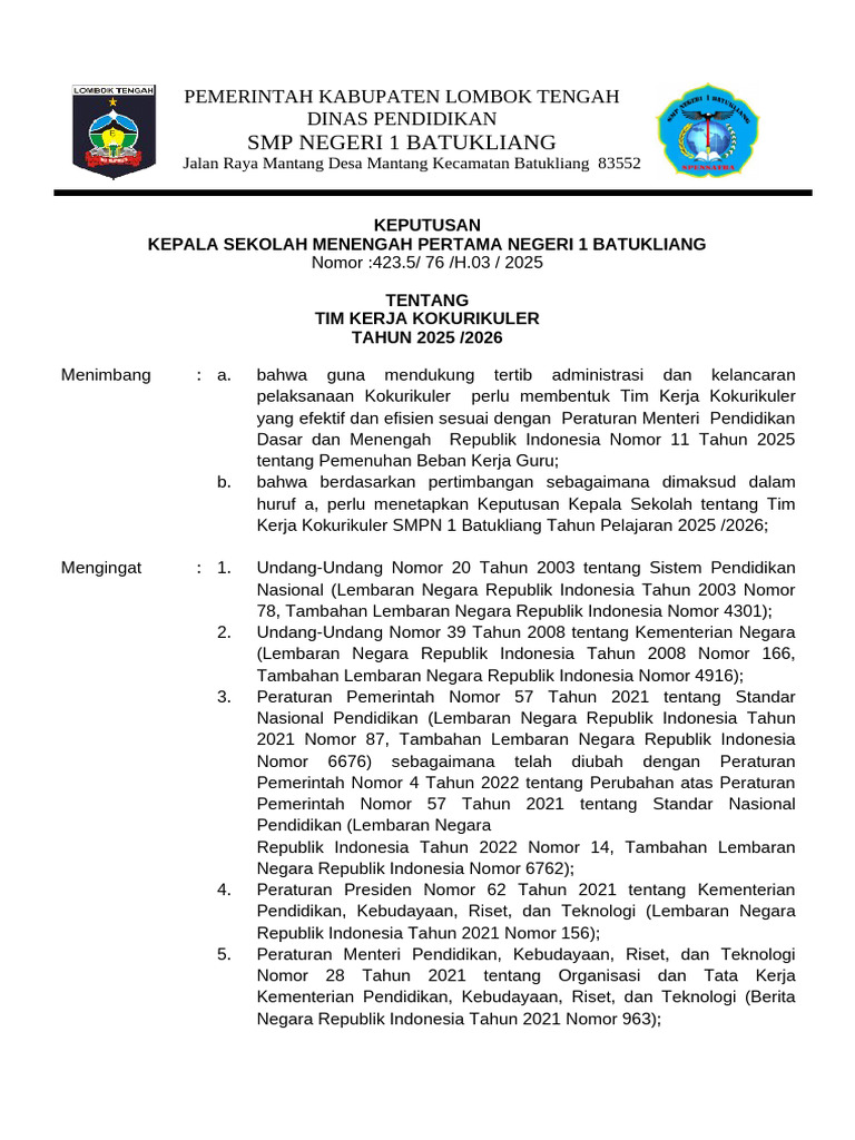 SK Tim Kerja Kokurikuler | PDF