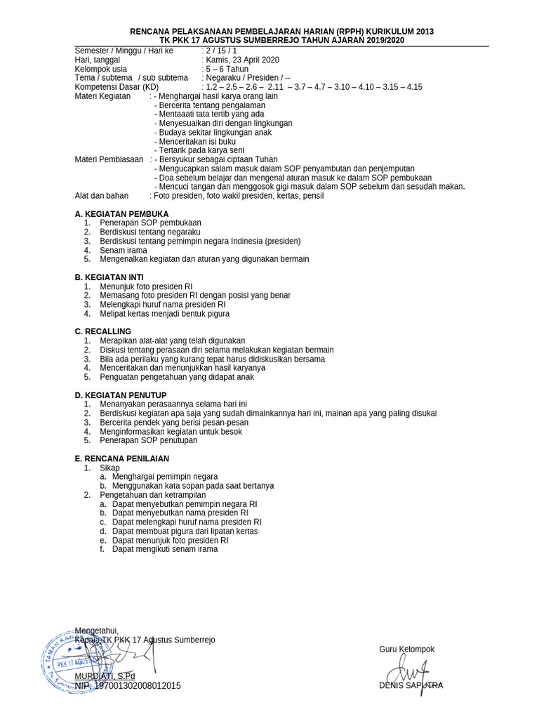 RPPH TK: Tema Negaraku 2019/2020 | PDF