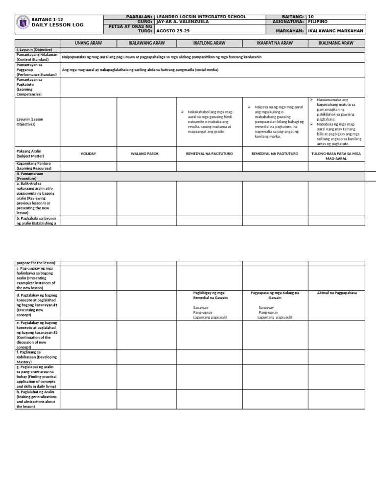 Dll-Filipino-10-Week 1 | PDF