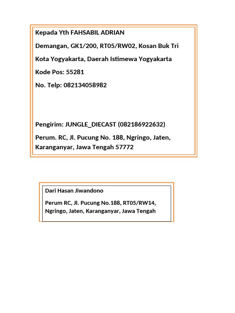Contoh Membuat Alamat Kirim Paketan | PDF