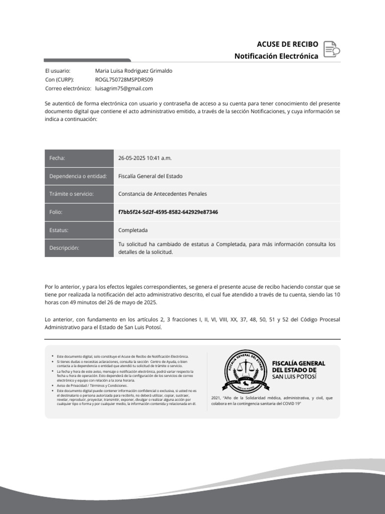 Acuse de Recibo: Constancia de Antecedentes | PDF