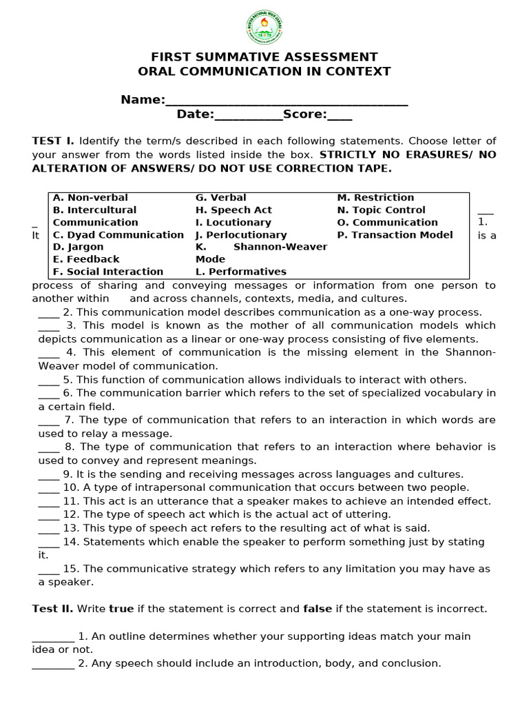 Oral Communication Assessment Guide | PDF | Communication | Cognition