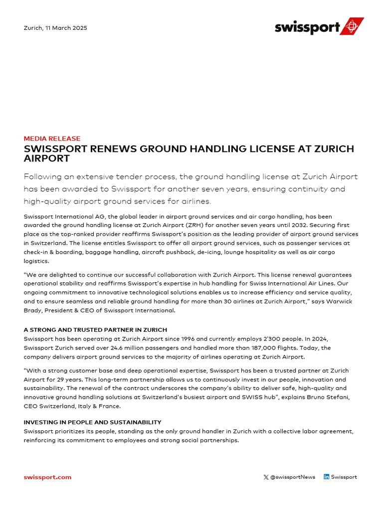 Swissport - MediaRelease - SWISSPORT SECURES GROUND HANDLING LICENSE AT ...