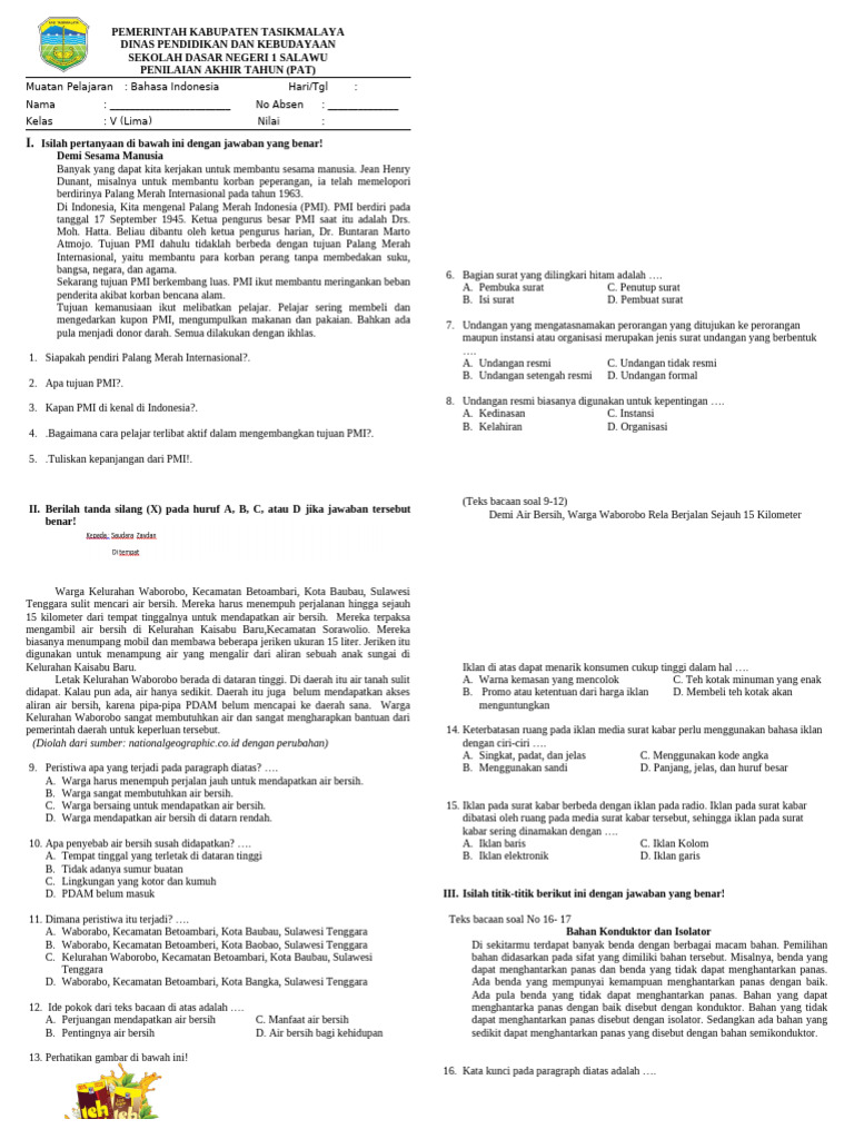 Soal PAT Bahasa Indonesia Kelas V | PDF
