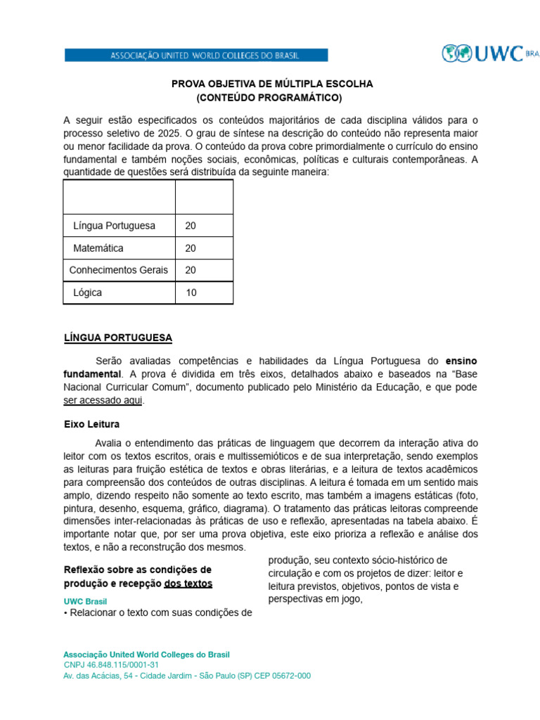 UWC Brasil - Conteúdo Prova (2026 Entry) | PDF | Equações | Triângulo