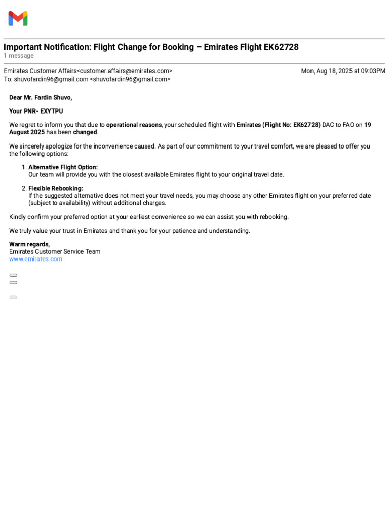 Gmail - Important Notification - Flight Change For Booking - Emirates ...