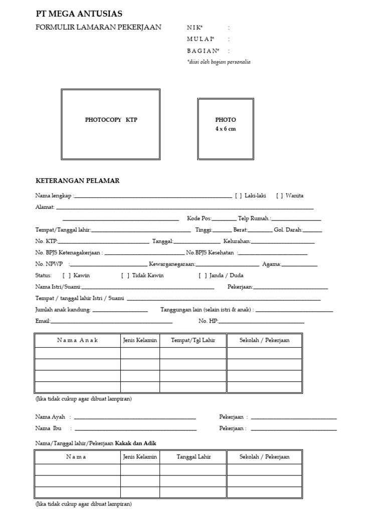 Form Aplikasi Karyawan - Ma Staff | PDF