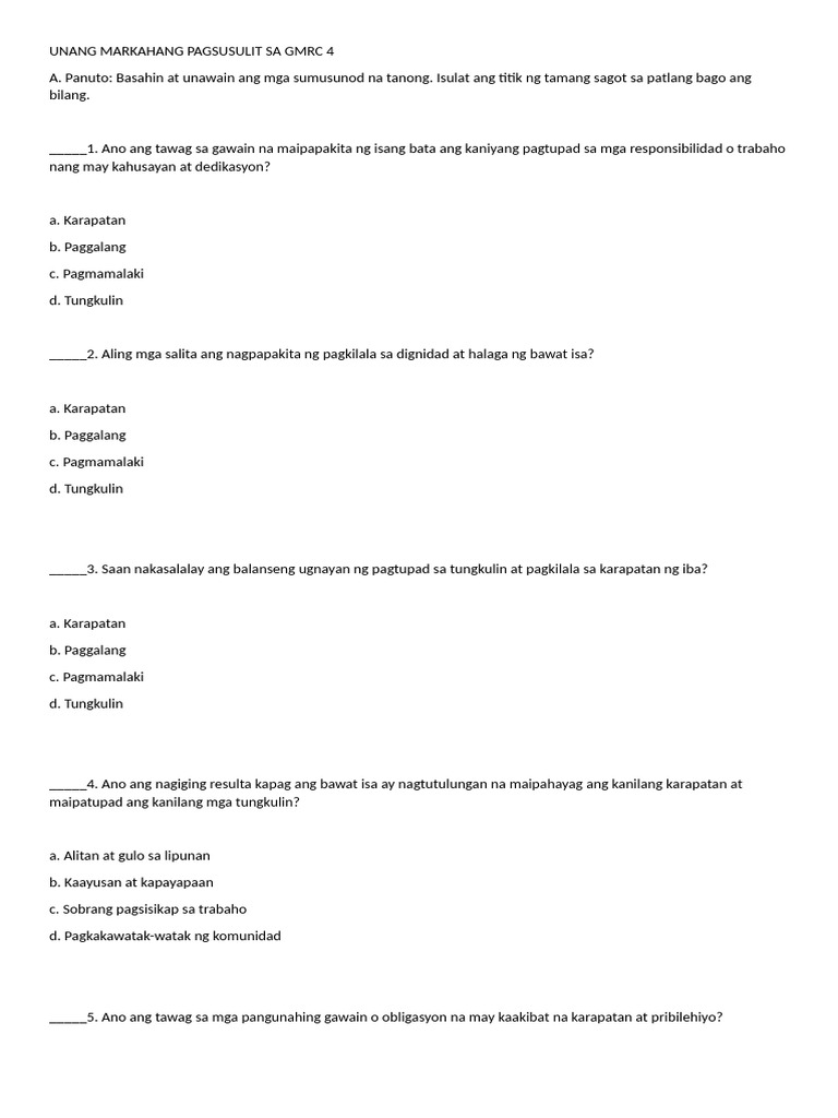 Unang Markahang Pagsusulit Sa GMRC 4 | PDF