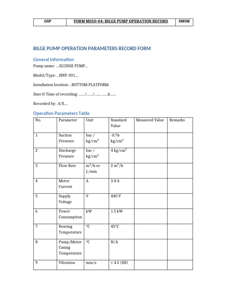Sludge Bilge Pump Operation Form | PDF | Pump | Gas Technologies