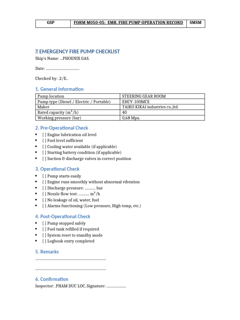 Fire Pump Operation Record Checklist | PDF