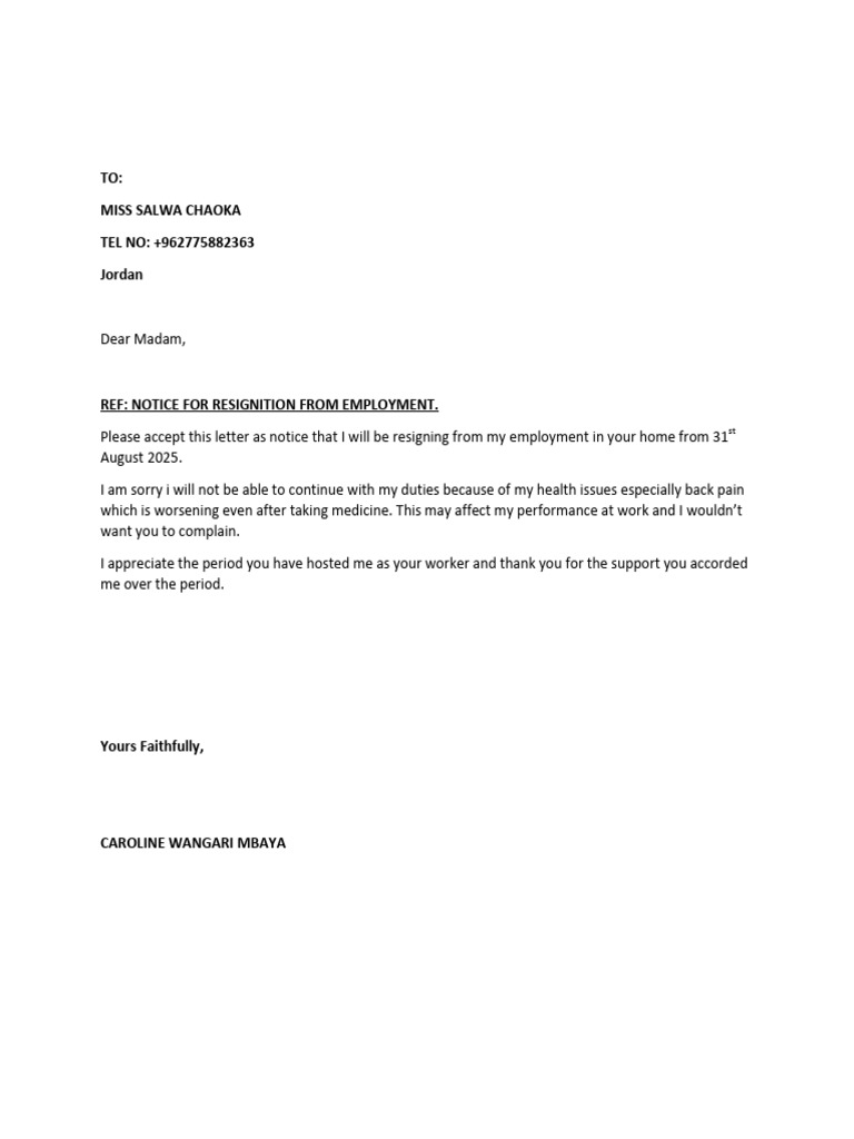 Resignation Notice from Caroline Mbaya | PDF