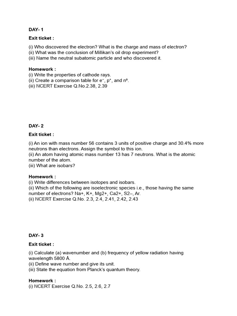 Exit Tickets - Atomic Structure (Day 1-10) | PDF | Atomic Orbital | Atoms