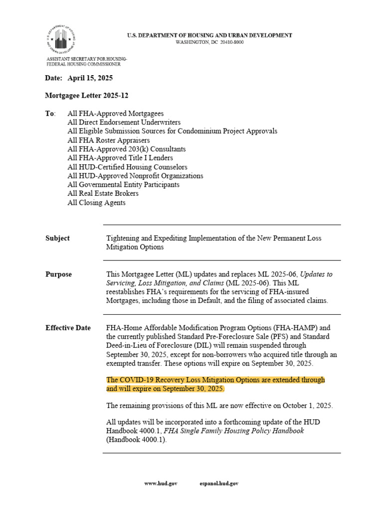 FHA Mortgagee Letter 2025-12 Update | PDF