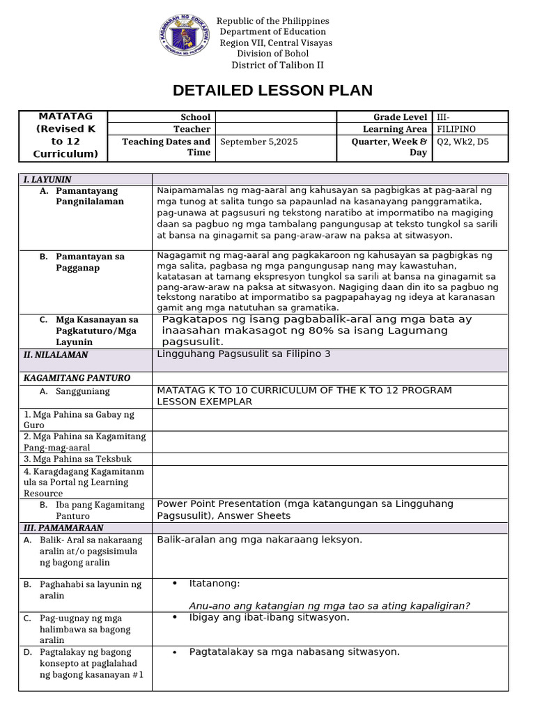 DLP-Q2-WK2-D5-Filipino - Summative - Test | PDF
