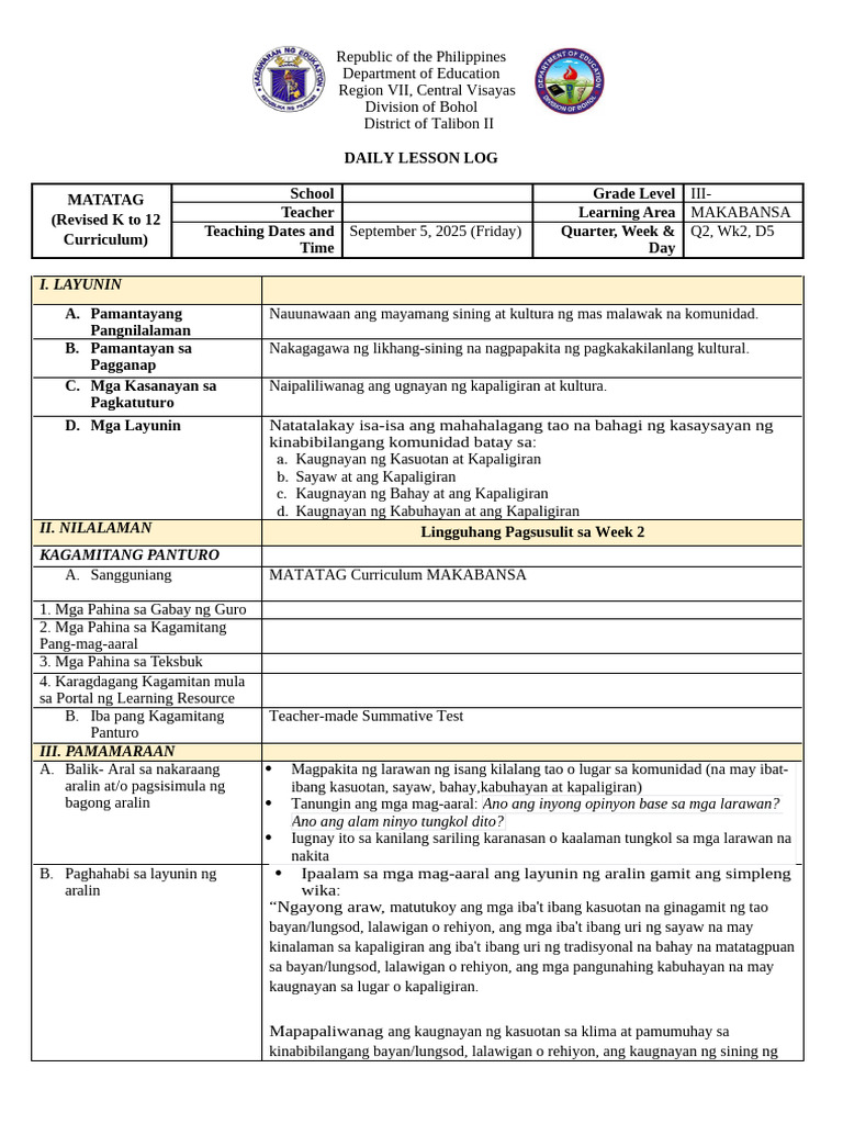 DLP Summative-Test Makabansa3 Q2-W2-Day5 | PDF
