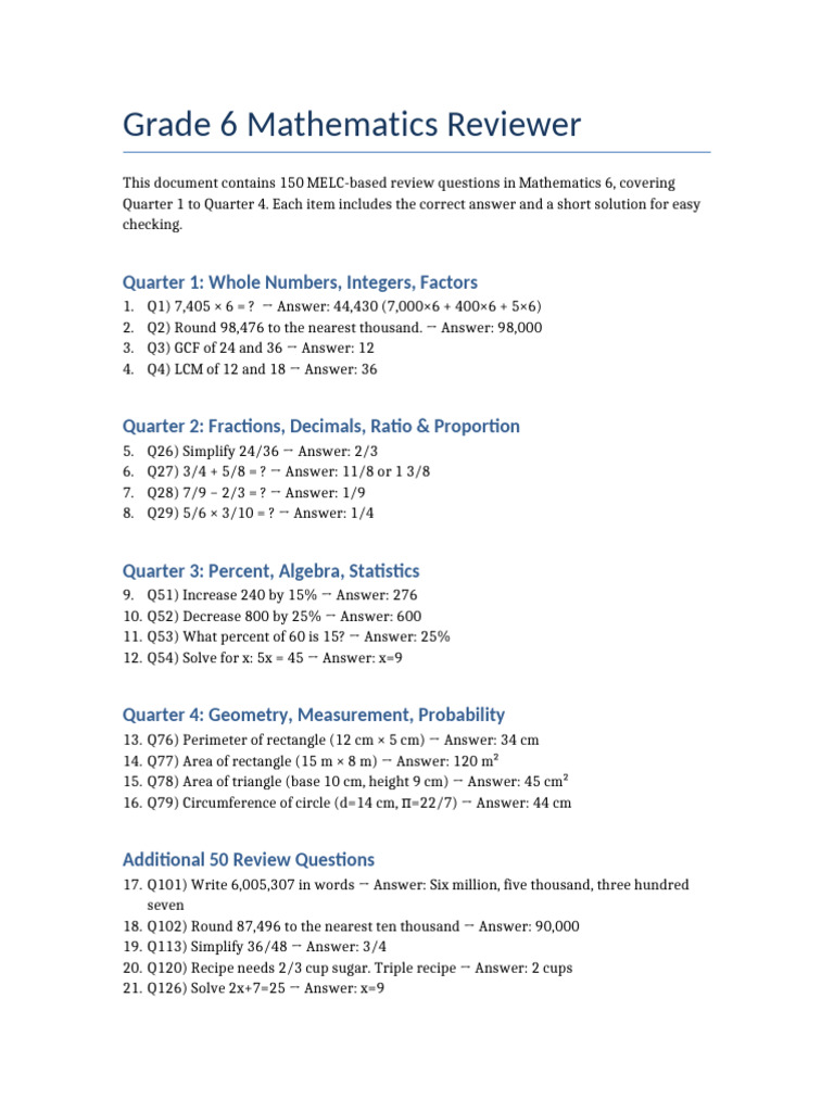 Grade 6 Math Review Questions Guide | PDF