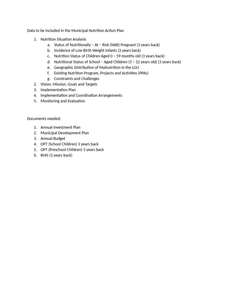 Data To Be Included in The Municipal Nutrition Action Plan | PDF