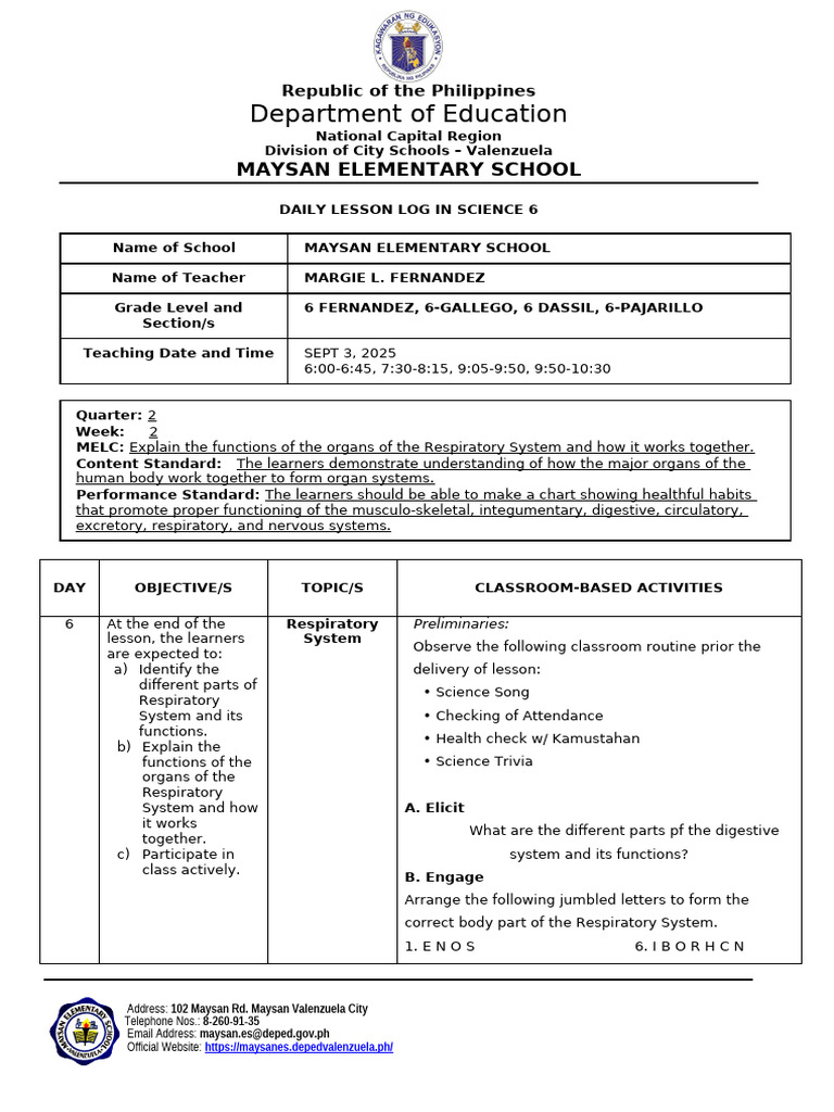 Science 6 - q2 - Week 2-Day 6 Respiratory System | PDF | Respiratory ...