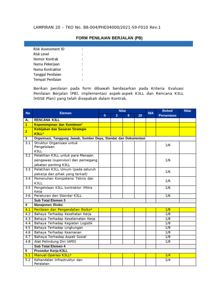 Form Penilaian K3LL dan Audit Risiko | PDF