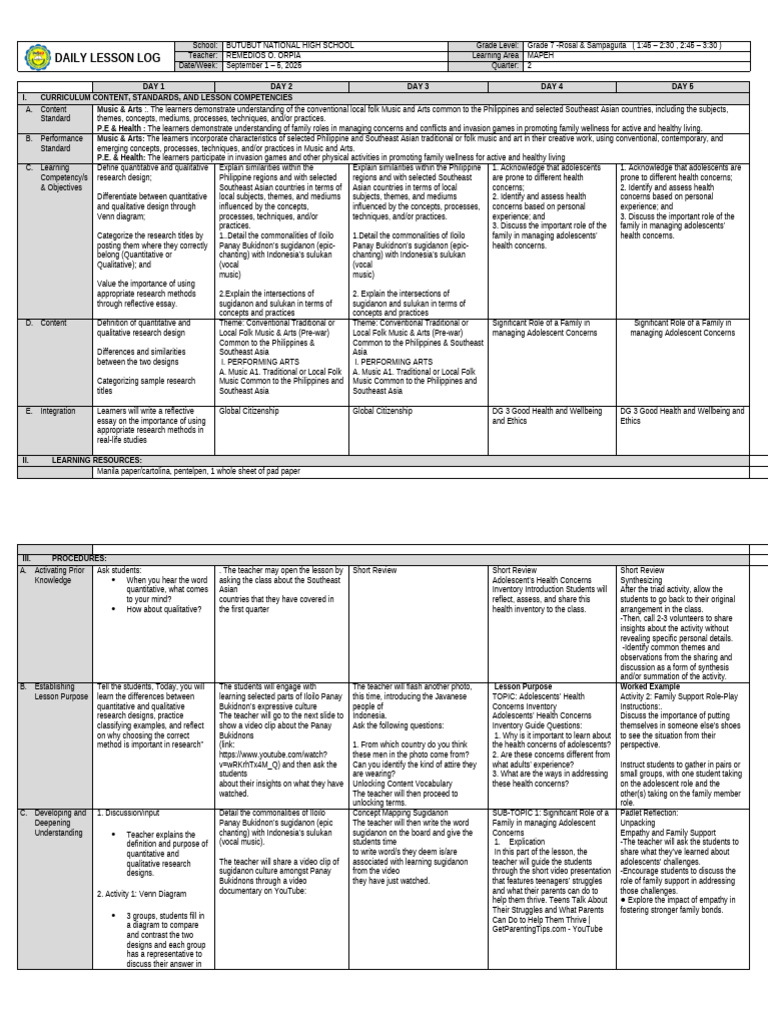 Week 1 Matatag Quarter 2 Nap 1 | PDF | Adolescence | Teachers