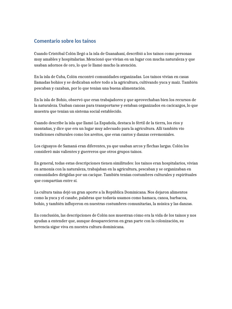 Comentario Sobre Los Tainos | PDF