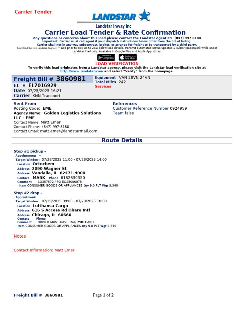 Landstar Carrier Load Tender Details | PDF | Cargo | Receipt