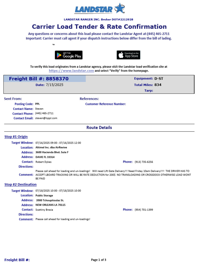 Carrier Load Tender & Rate Confirmation: Freight Bill #: 8858370 | PDF ...