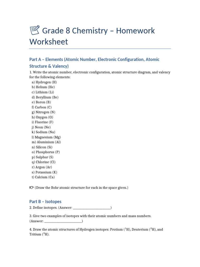 Grade 8 Chemistry Homework Worksheet | PDF | Isotope | Chemical Elements