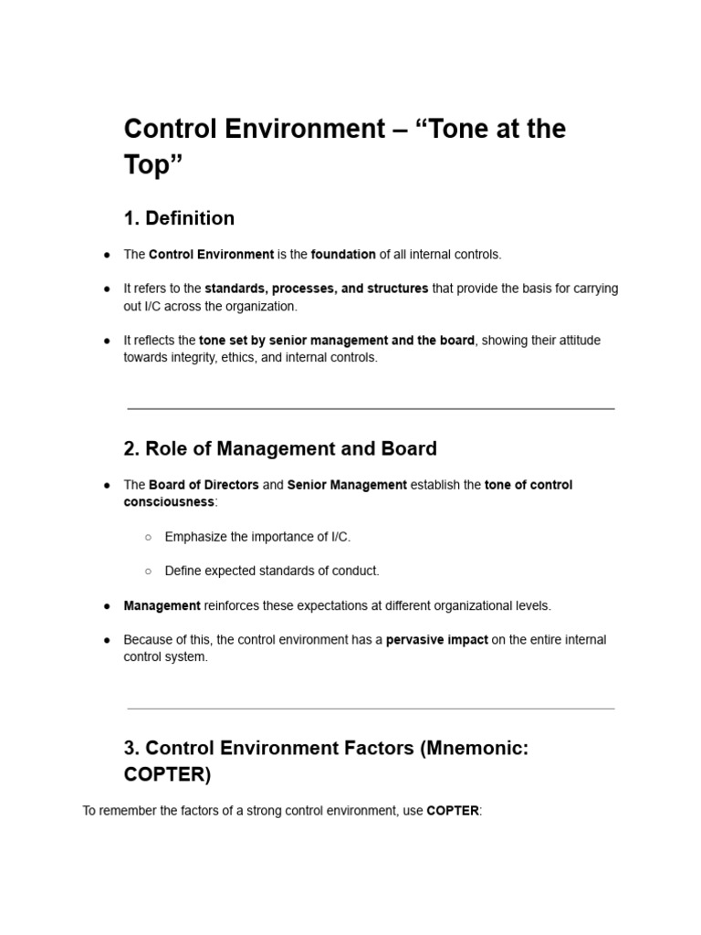 Notes Control Environment - "Tone at The Top" | PDF | Integrity ...