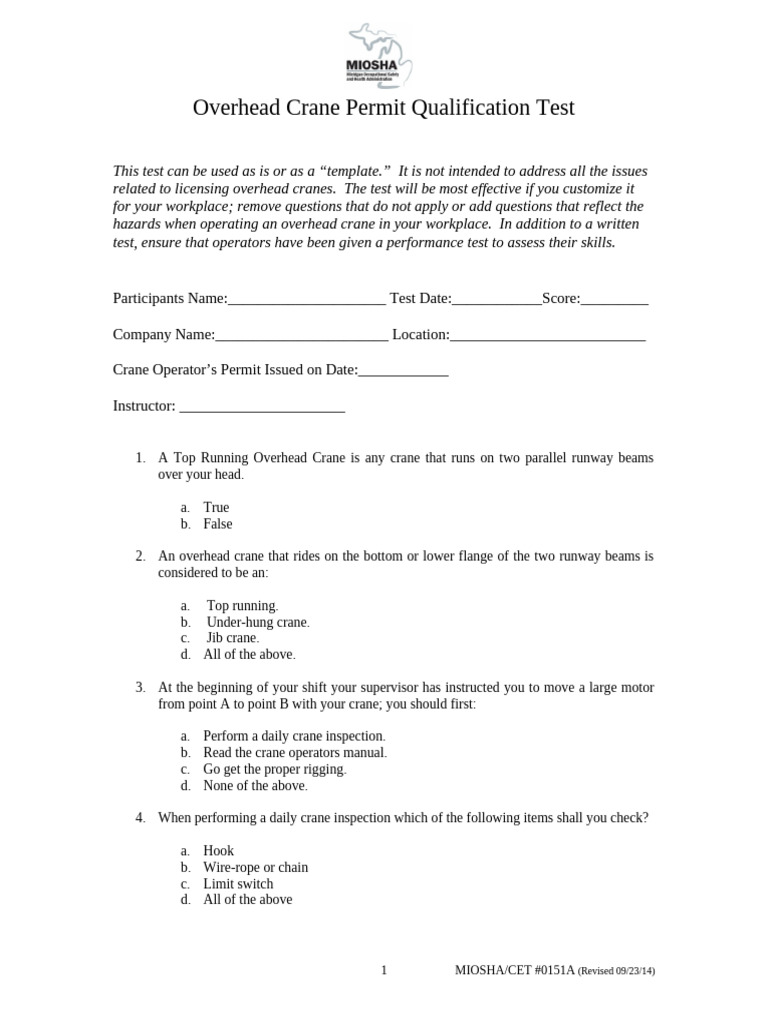 0151a - Overhead Crane Permit Qualification Sample Test | PDF | Crane ...