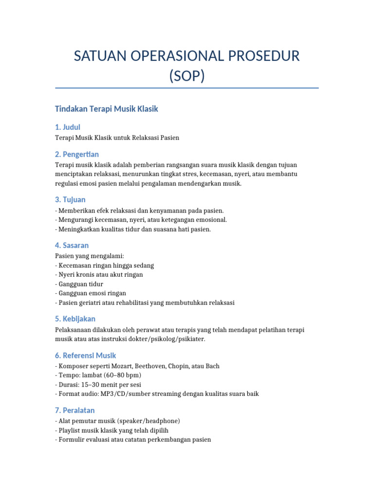 SOP Terapi Musik Klasik untuk Pasien | PDF