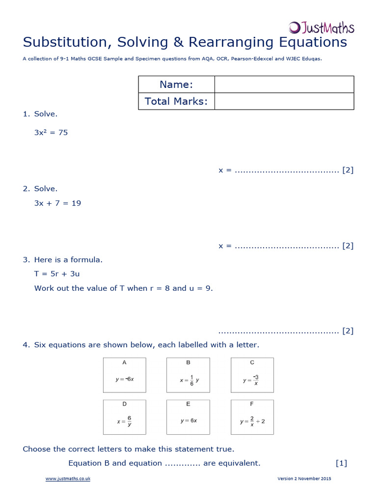 Algebra F Substitution Solving Rearranging Equations v2 | PDF ...